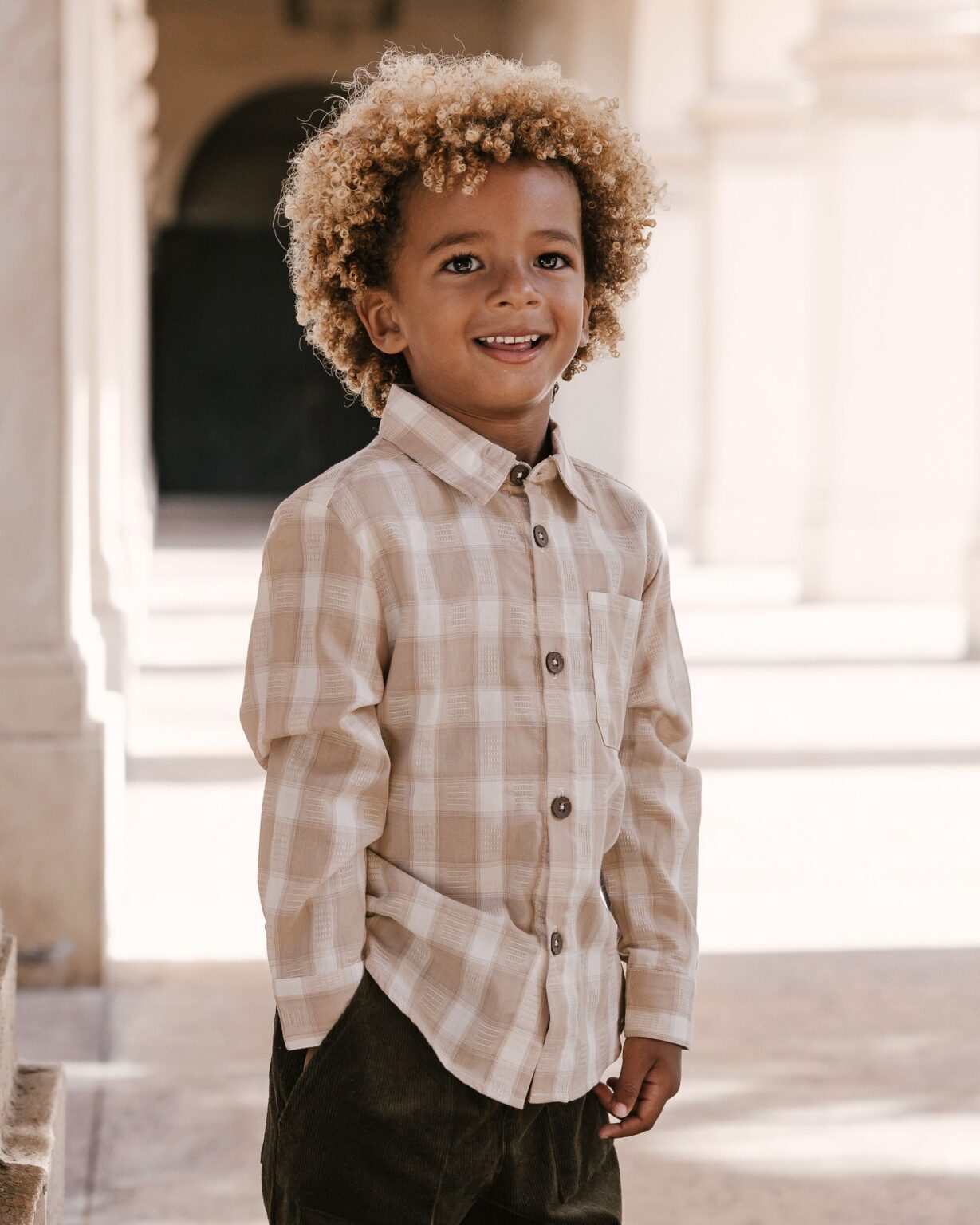 Rylee + Cru Collared Long Sleeve Shirt In Putty Plaid - FINAL SALE